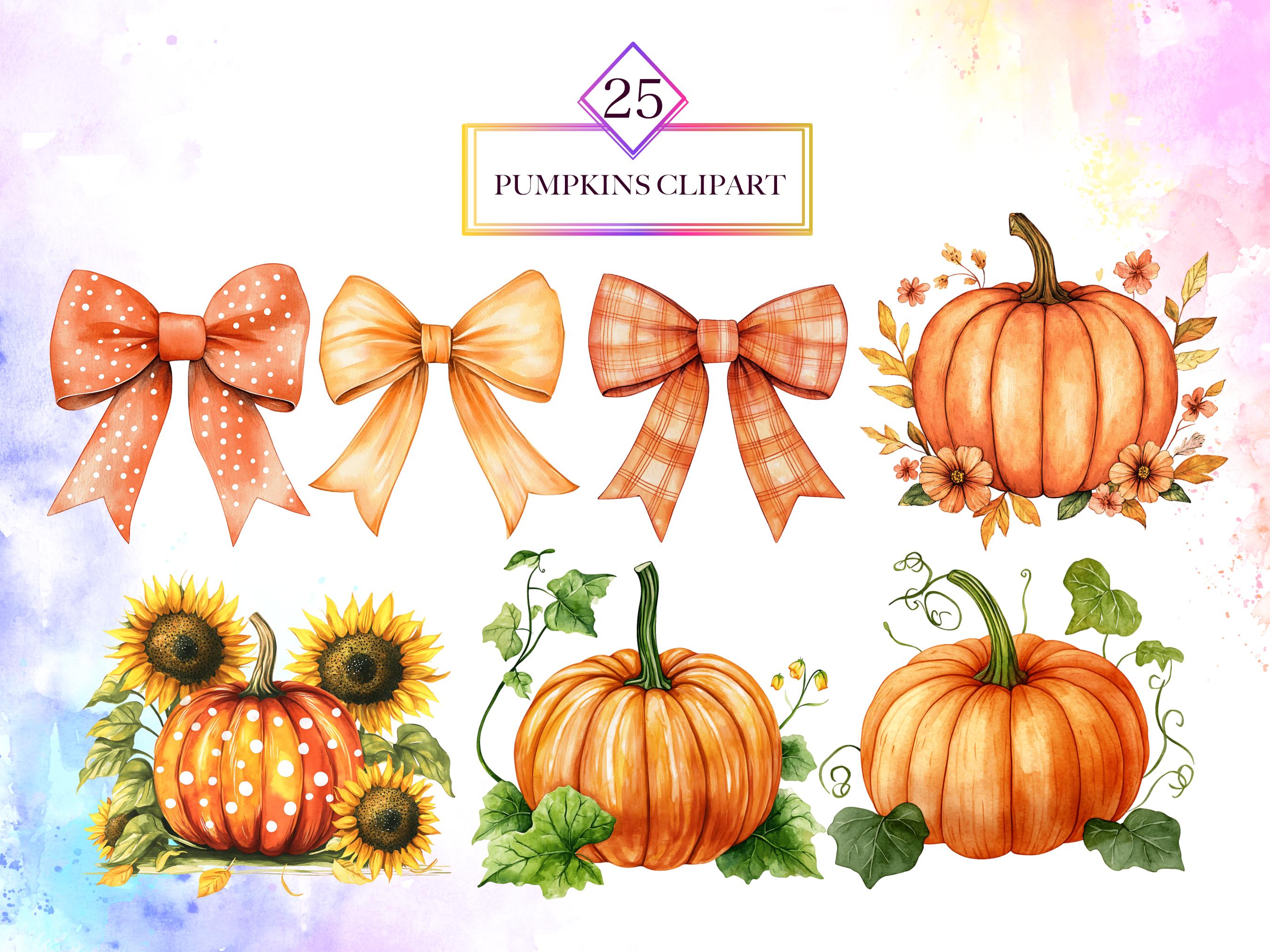 Watercolor Autumn Pumpkins Clipart Bundle, Coquette Pumpkin PNG, Plaid ...