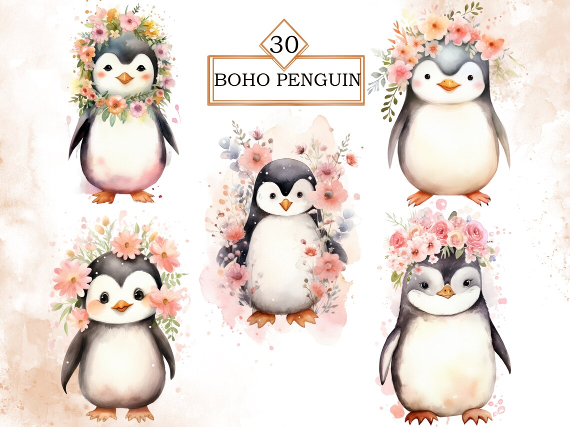 30 Watercolor Boho Floral Penguins Clipart Bundle, Floral Penguin PNG ...