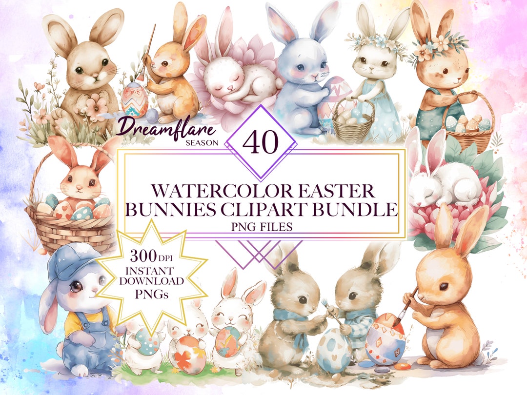 Watercolor Easter Bunnies Clipart Bundle, Easter Bunny PNG, Cute Rabbit ...