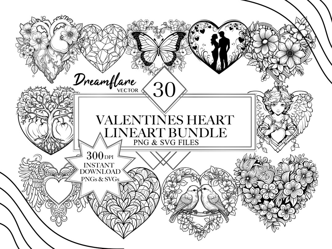 Valentine Heart Line Art PNG & SVG Bundle, Heart Digi Stamp, Valentine ...