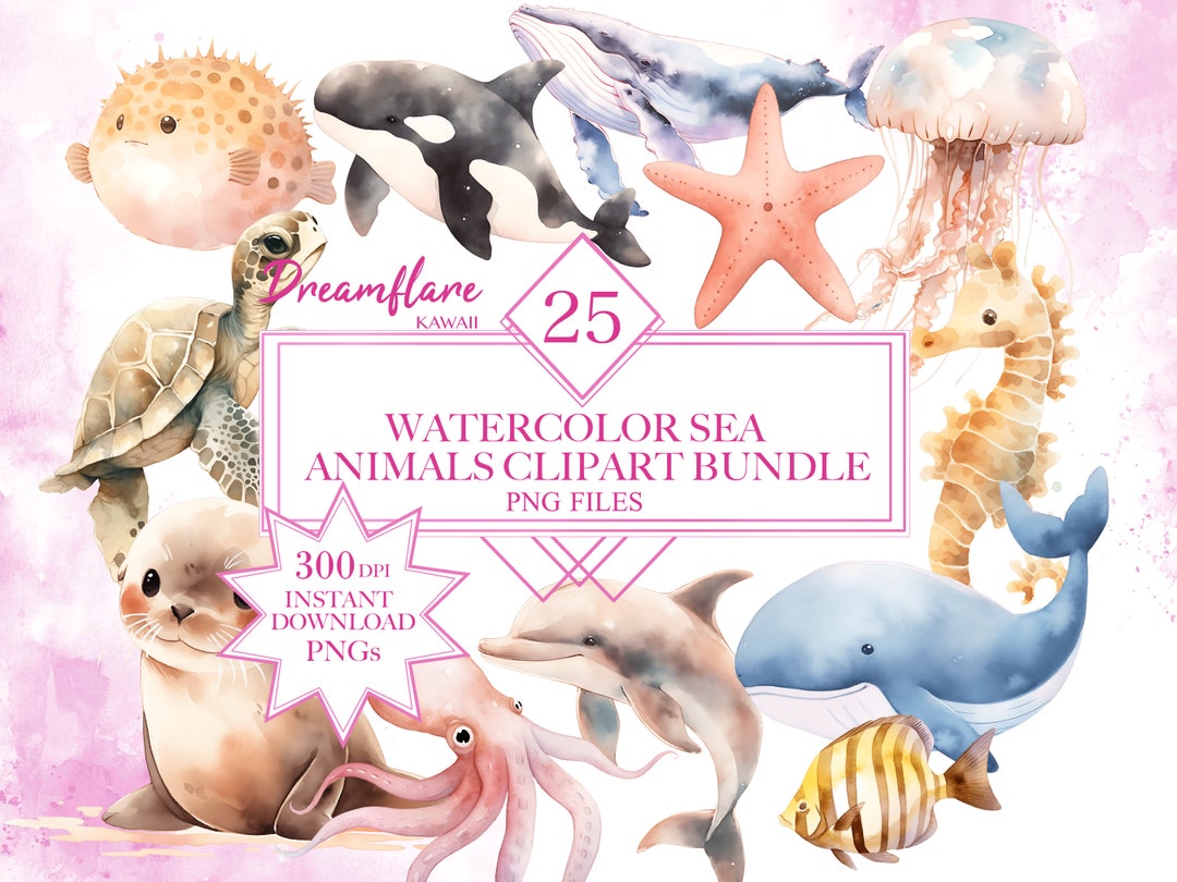 Watercolor Sea Animals Clipart Bundle, Underwater Clipart, Sea Animals ...