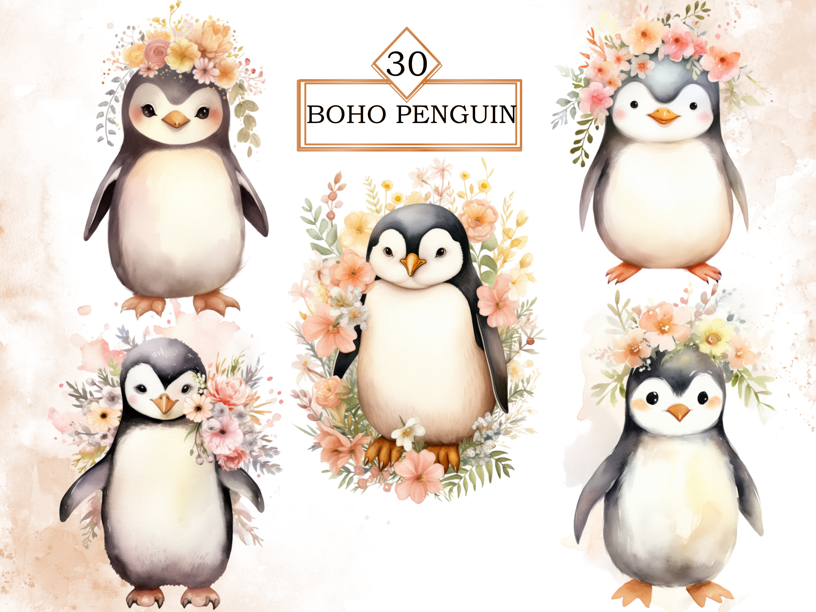 30 Watercolor Boho Floral Penguins Clipart Bundle, Floral Penguin PNG ...