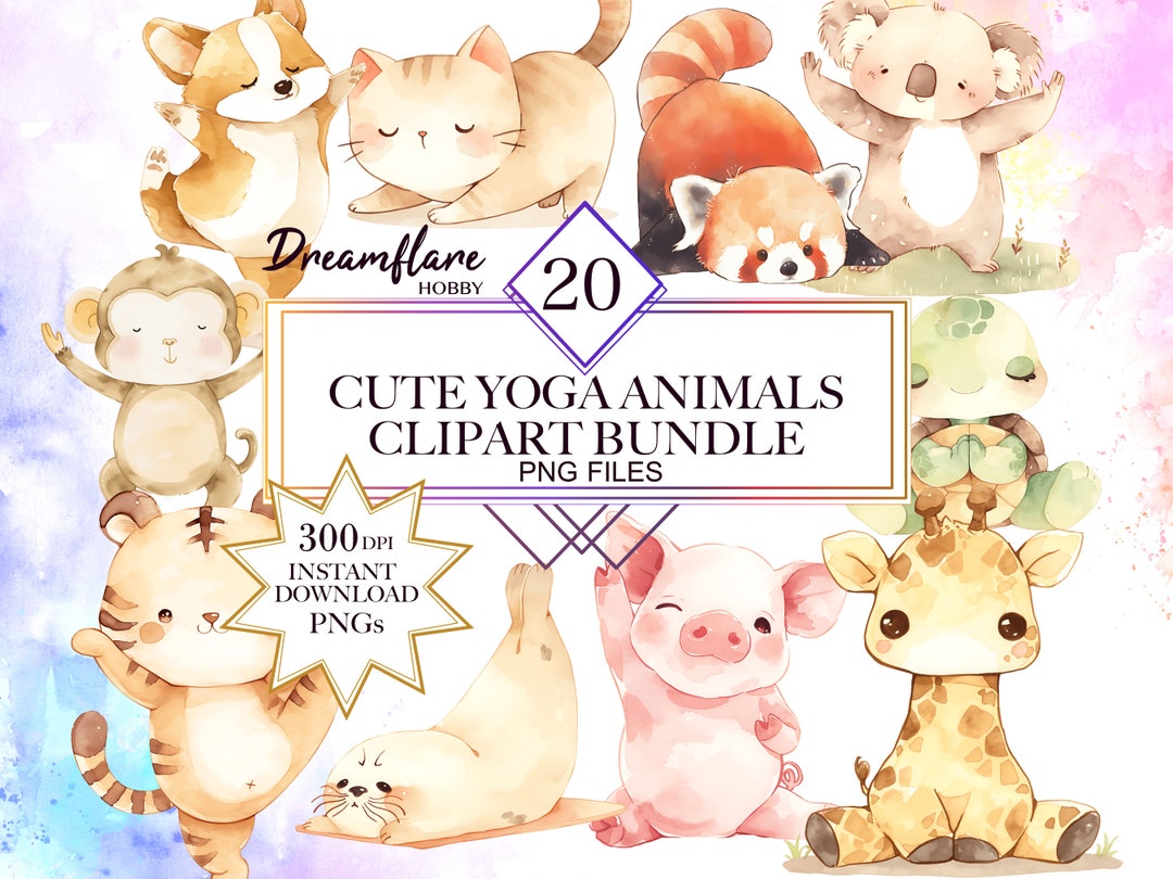 Watercolor Cute Animals Yoga Clipart Bundle, Meditation Clip Art, Self ...
