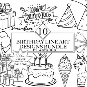 Birthday Line Art Graphics PNG & SVG Bundle, Birthday Digi Stamp ...