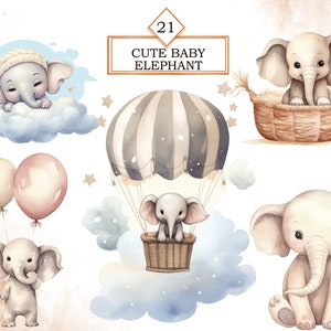 Watercolor Baby Elephant Clipart, Cozy Neutral Boho Baby Elephant ...