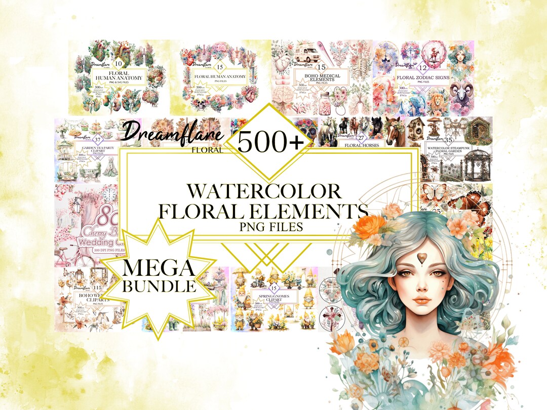 Watercolor Floral Elements Clipart PNG Mega Bundle, Flowers PNG, Floral ...