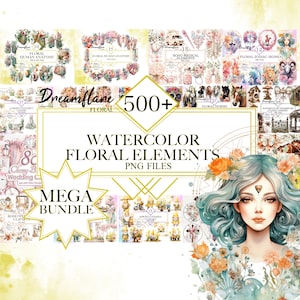 Watercolor Floral Elements Clipart PNG Mega Bundle, Flowers PNG, Floral ...