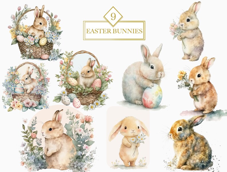 Watercolor Bunnies Clipart Bundle, Easter Bunnies, Easter Clipart ...