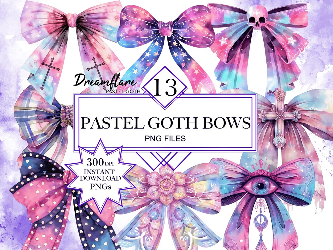 Watercolor Pastel Goth Bows PNG Clipart Bundle, Pastel Goth PNG ...