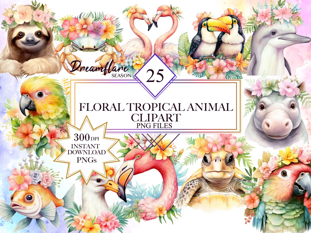 Foral Tropical Animal Clipart Bundle, Flower Crown Animal Pngs ...
