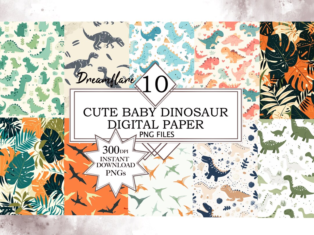 Watercolor Baby Dinosaur Digital Paper Bundle, Baby Shower, Nursery ...