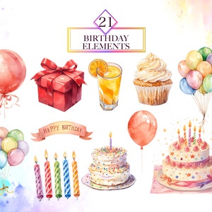 Watercolor Birthday Clipart Bundle, Birthday Party Clipart, Watercolor ...