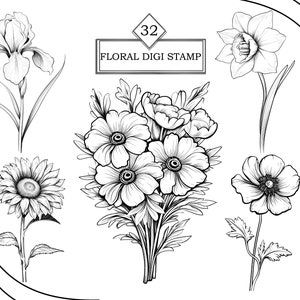 Floral Digital Stamp, Flower Digital Stamp, Digi Stamp, Digital Stamp ...