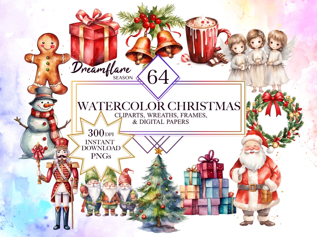 Watercolor Christmas PNG Bundle, Christmas PNG, Wreaths, Frames ...