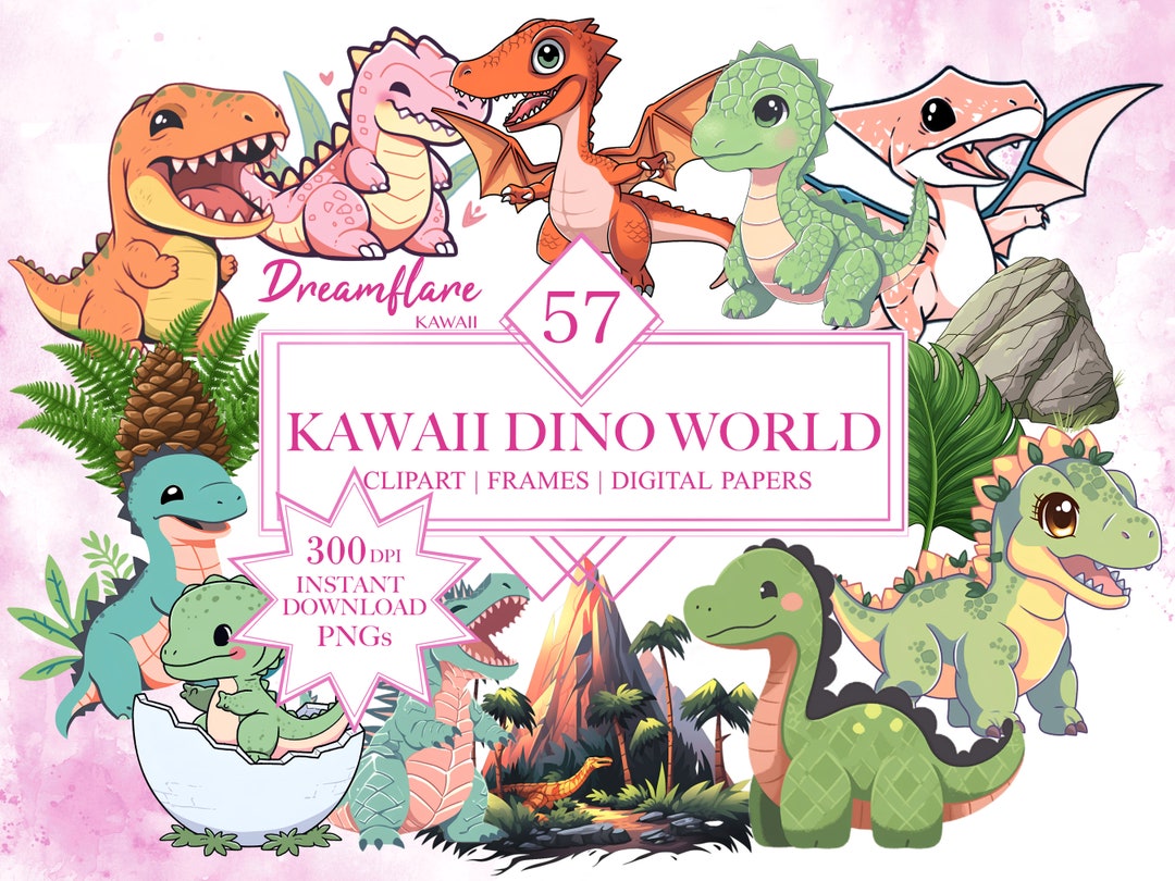 Kawaii Dinosaurs Clipart Bundle, Dinosaurs PNG, Cute Dinosaurs Clipart ...