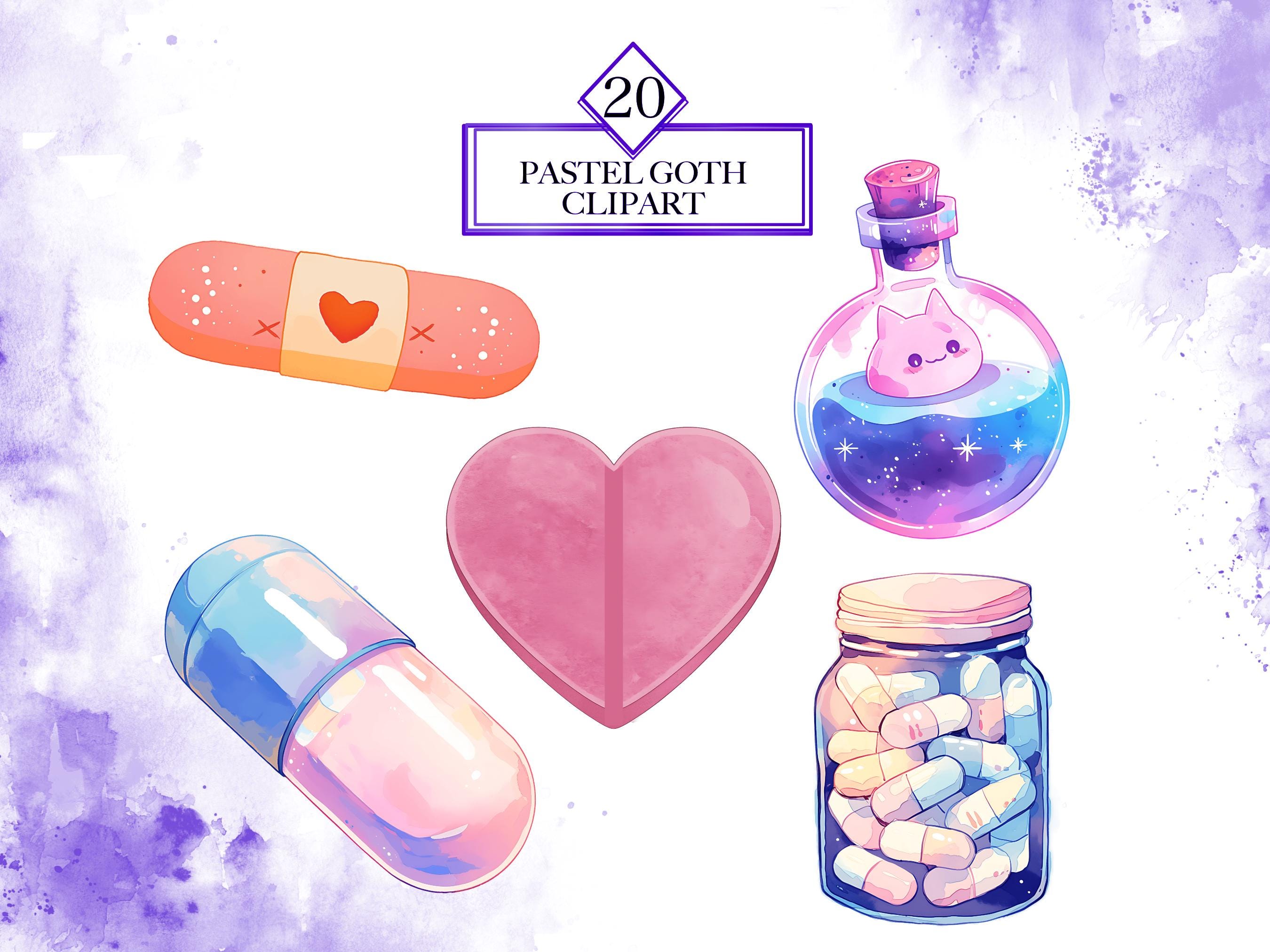 Watercolor Kawaii Pastel Goth Elements Clipart Bundle, Pastel Goth PNG ...
