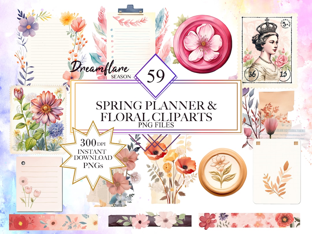 Watercolor Spring Flowers, Floral Journal & Planner Clipart Bundle ...
