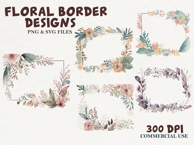 Watercolor Floral Border Clipart Bundle PNG & SVG Floral - Etsy