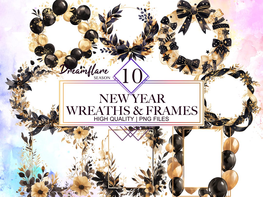Watercolor New Year Wreaths & Frames PNG Bundle, New Year Clipart, New ...