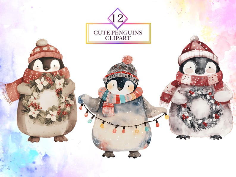 Watercolor Cute Penguins Clipart Bundle Winter Christmas Penguins in ...