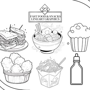 Fast Food and Snacks Lineart PNG Bundle, Doodle PNG, Cute Digi Stamp ...