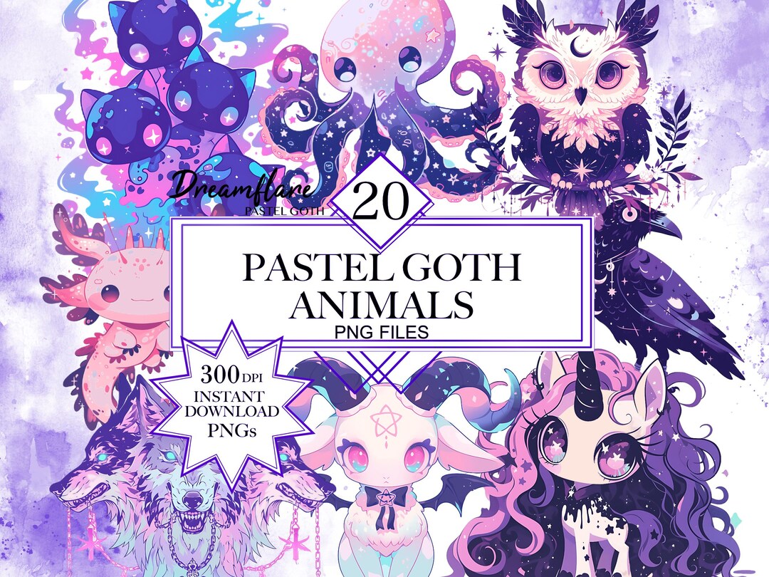 Watercolor Pastel Goth Animals Clipart Bundle, Kawaii Pastel Goth ...