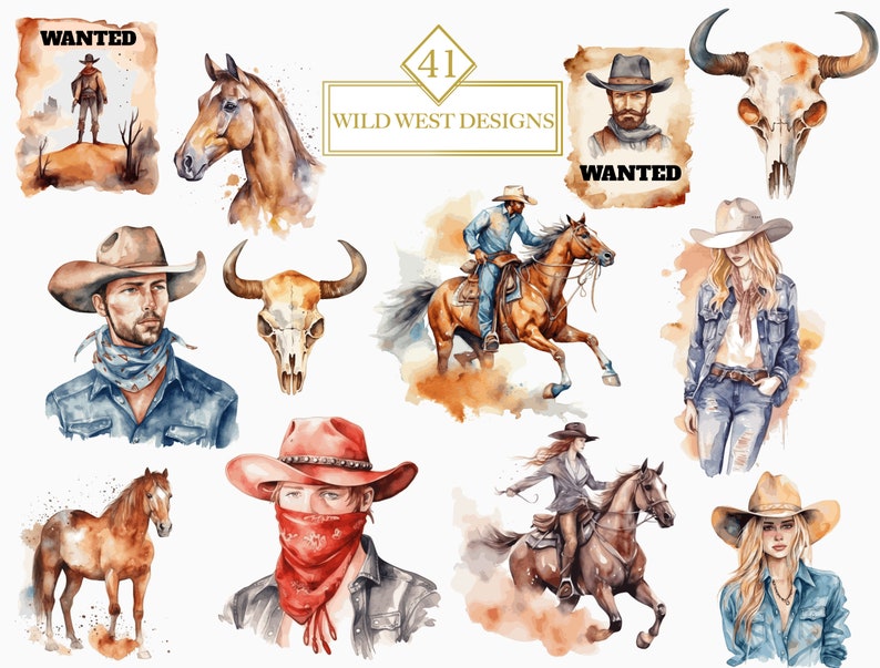 Watercolor Western Clipart Wild West Clipart Bundle PNG SVG - Etsy