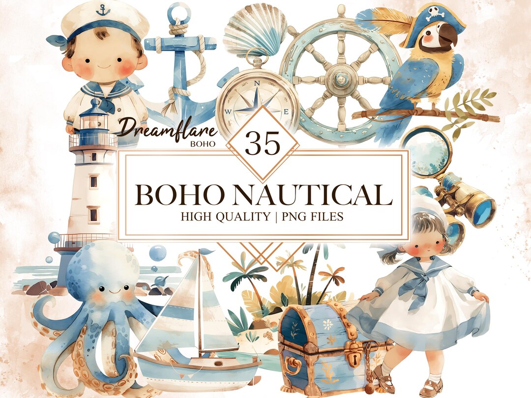 Watercolor Boho Nautical Clipart Bundle, Nautical Boho Nursery Pngs ...