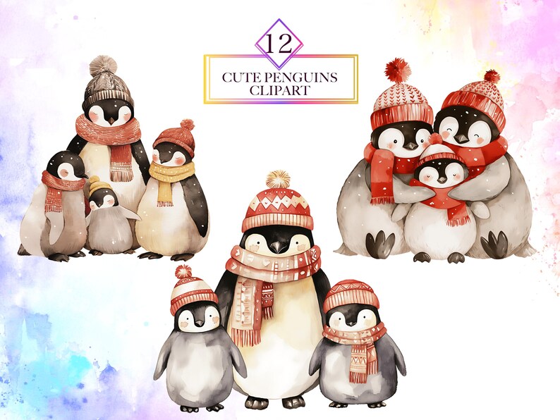 Watercolor Cute Penguins Clipart Bundle Winter Christmas Penguins in ...