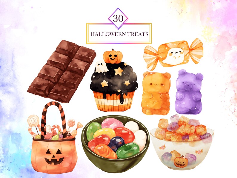 Halloween Treats Clipart Bundle, Watercolor Halloween PNG, Halloween ...
