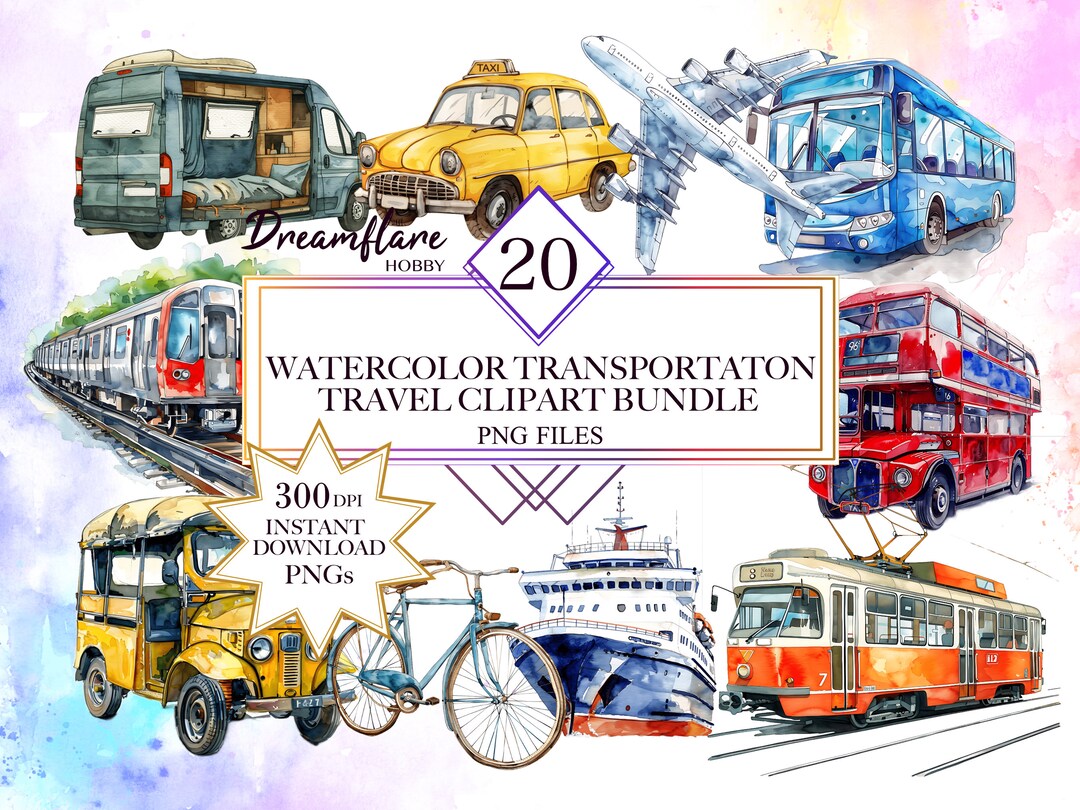 Watercolor Travel Vehicle Clipart Bundle, Summer Holiday, Vacation Clip ...