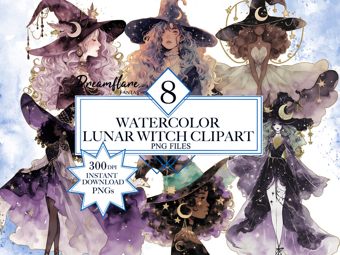Watercolor Lunar Witch Clipart Bundle, Witch Clipart, Cosmic Witch ...