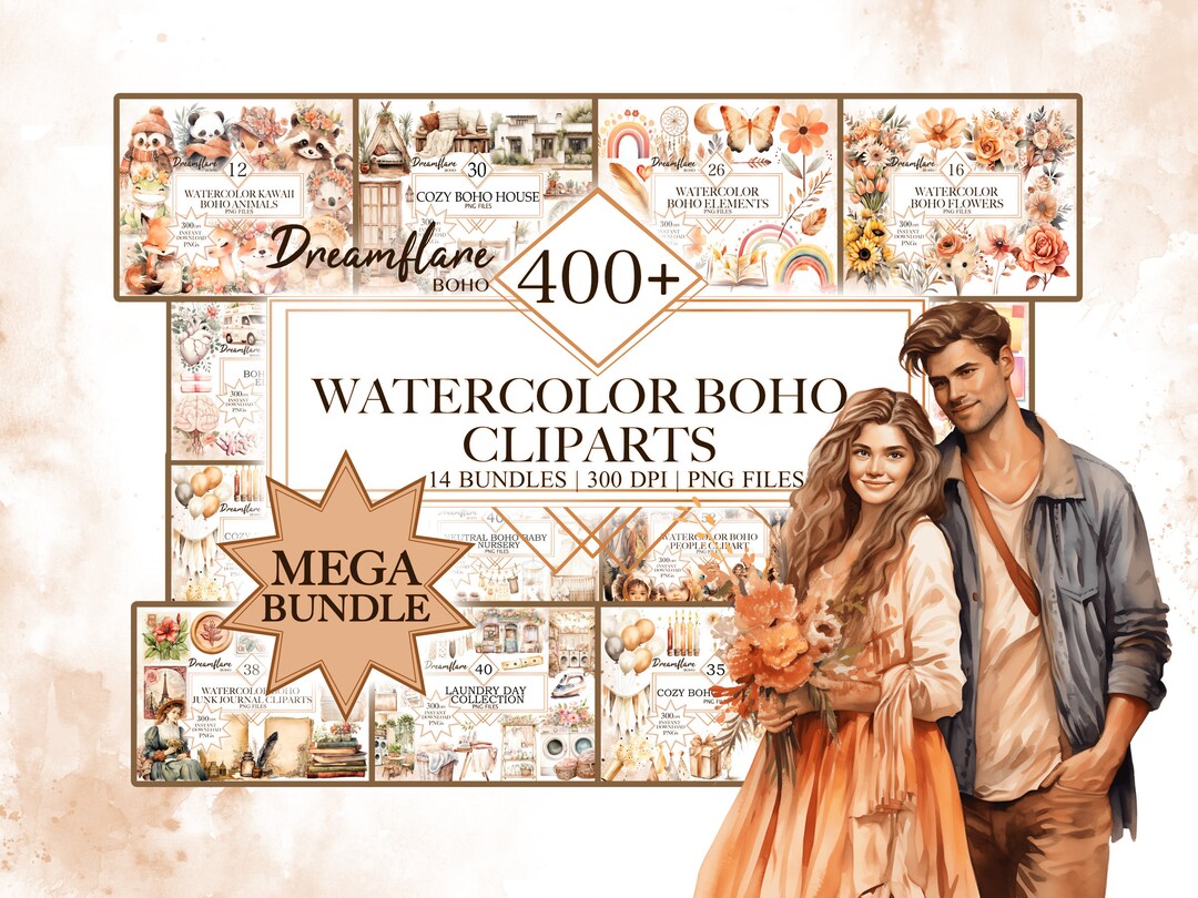 Watercolor Boho Clipart Mega Bundle, Boho PNG Bundle, Boho Floral ...