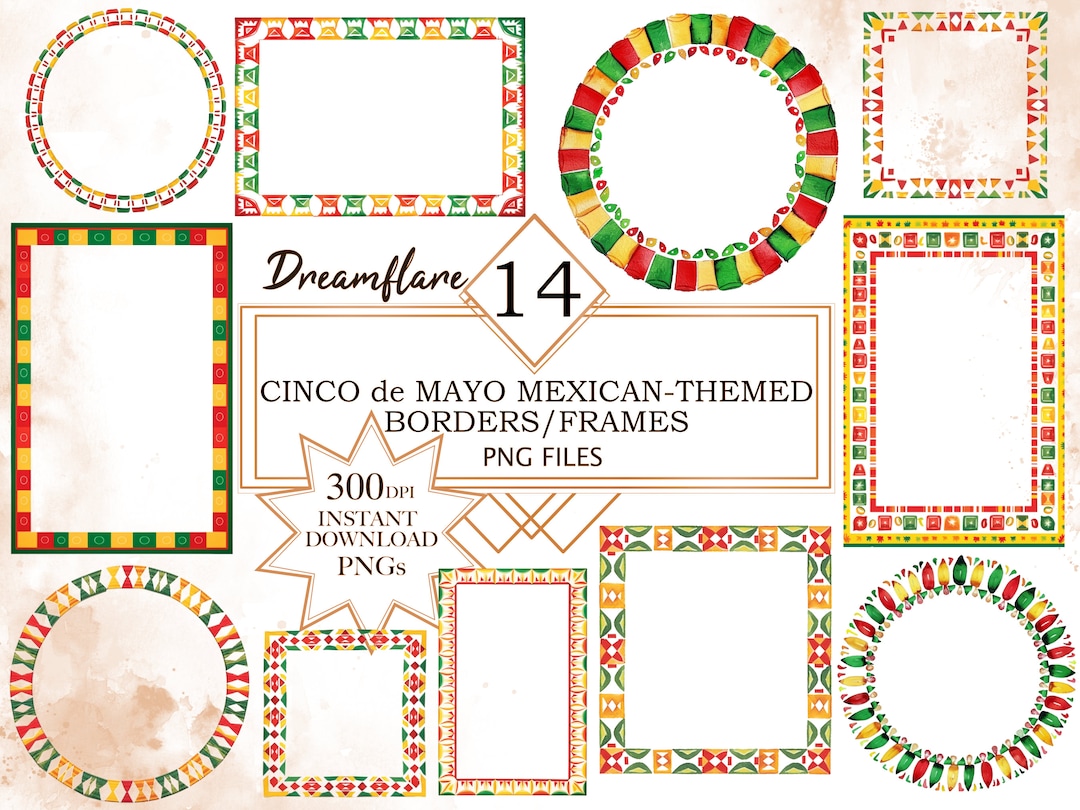 Cinco De Mayo Mexican Themed Border & Frames PNG Clipart Bundle, Frame ...