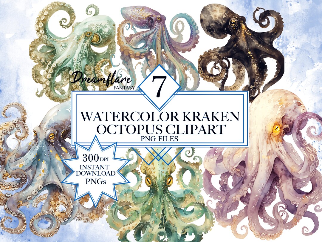 Watercolor Kraken Octopus Clipart Bundle, Kraken Clipart, Sea Creatures PNG, Gothic Animals ...