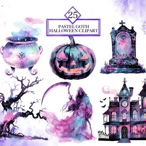 Watercolor Pastel Goth Halloween Clipart Bundle, Pastel Halloween PNG ...