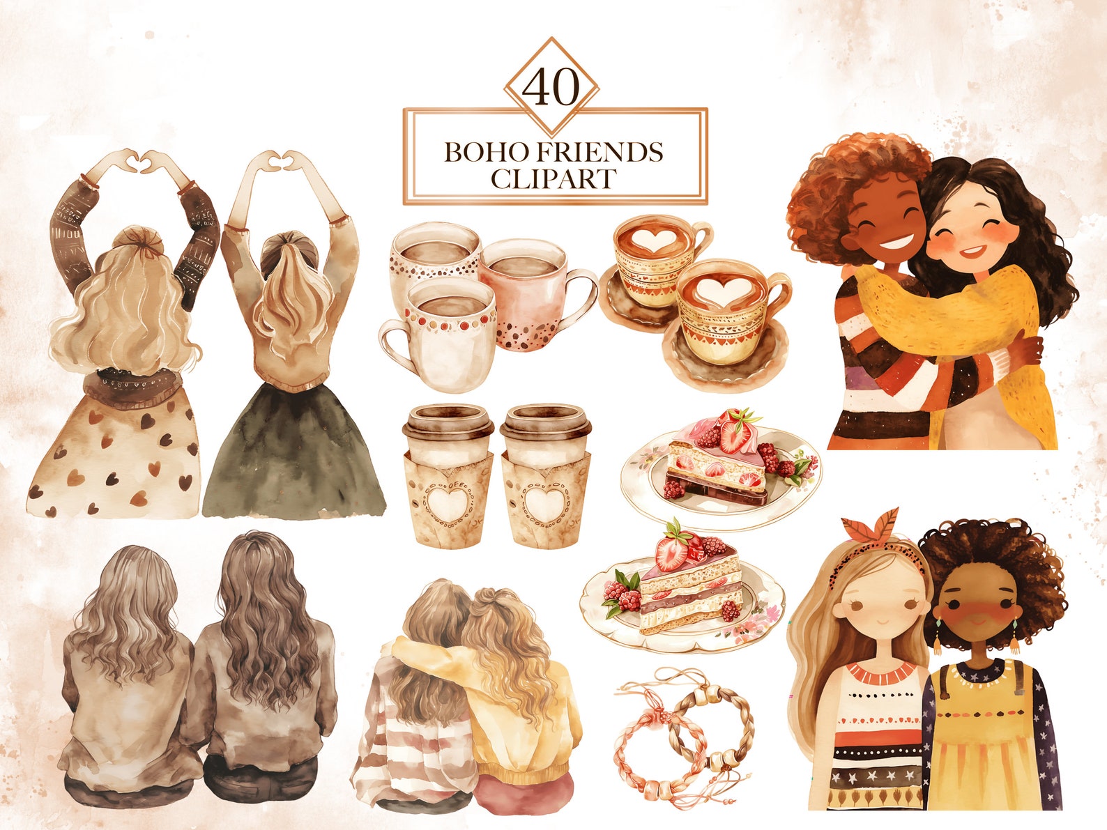 Boho Friendship Day PNG Clipart Bundle, Friends Clipart, Besties ...