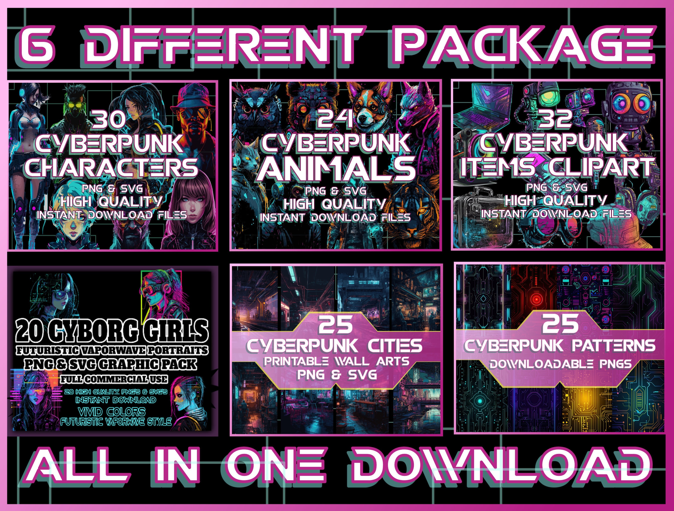 156 Futuristic Cyberpunk Graphics Mega Bundle PNG SVG Vector - Etsy