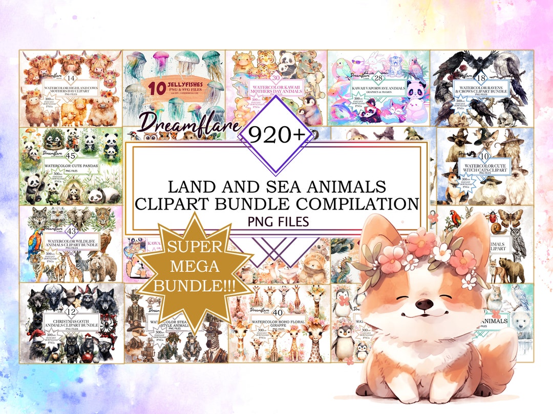 926 Sea and Land Animals Clipart PNG Mega Bundle, Animal PNG, Animal ...