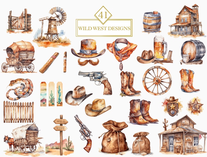 Watercolor Western Clipart, Wild West Clipart Bundle, PNG SVG, Texas ...