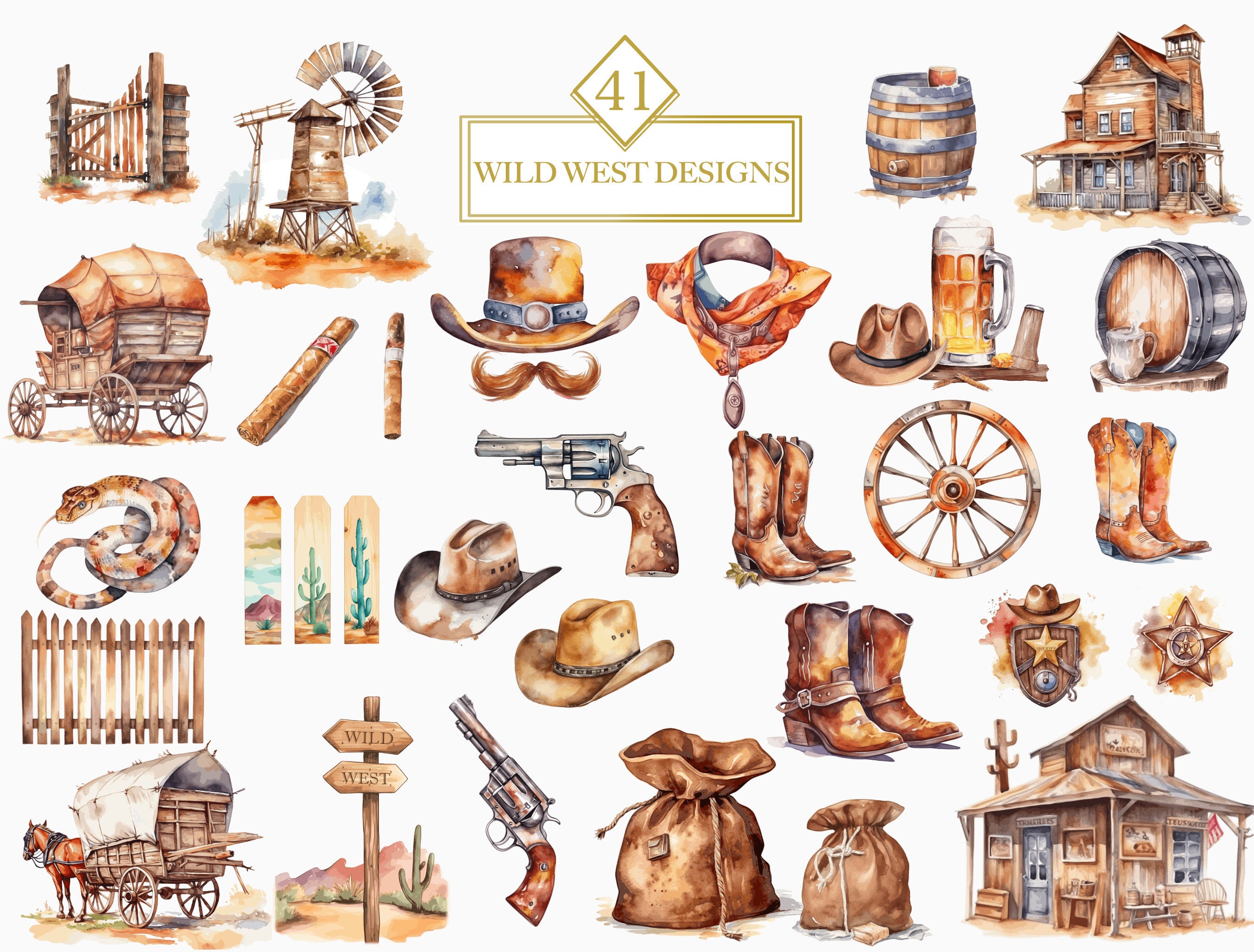 Watercolor Western Clipart Wild West Clipart Bundle PNG SVG - Etsy