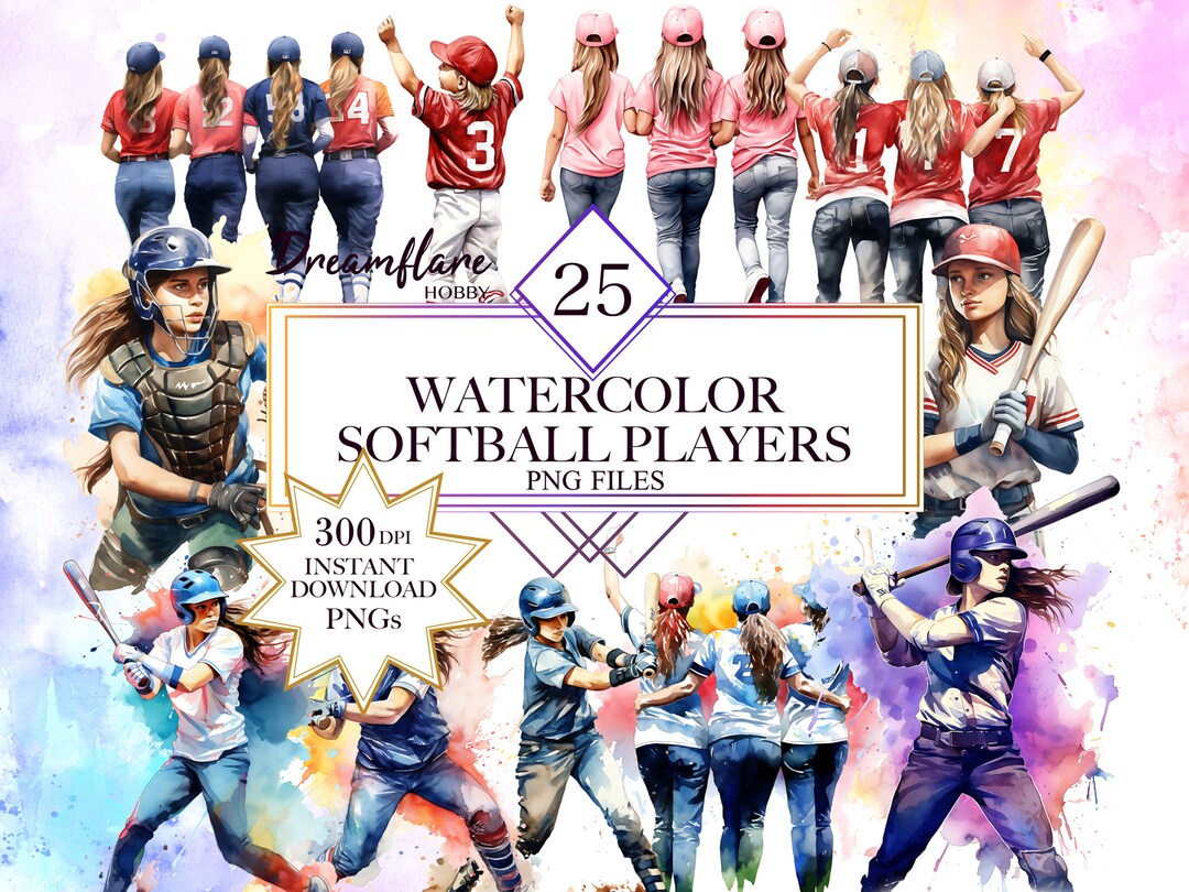Watercolor Softball Players Clipart Bundle, Girls Facing Back Clipart ...