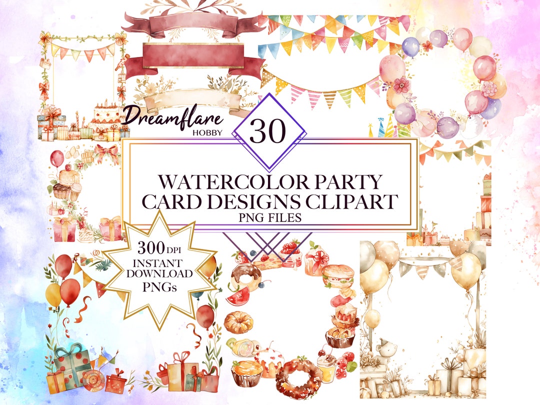 Watercolor Party Card Designs Clipart Bundle, Wreaths & Frames ...