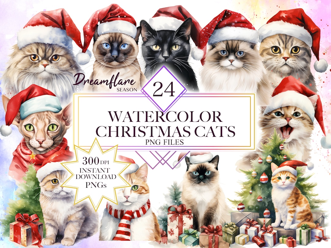 Watercolor Christmas Cats Clipart Bundle, Cats Christmas PNG, Animals ...