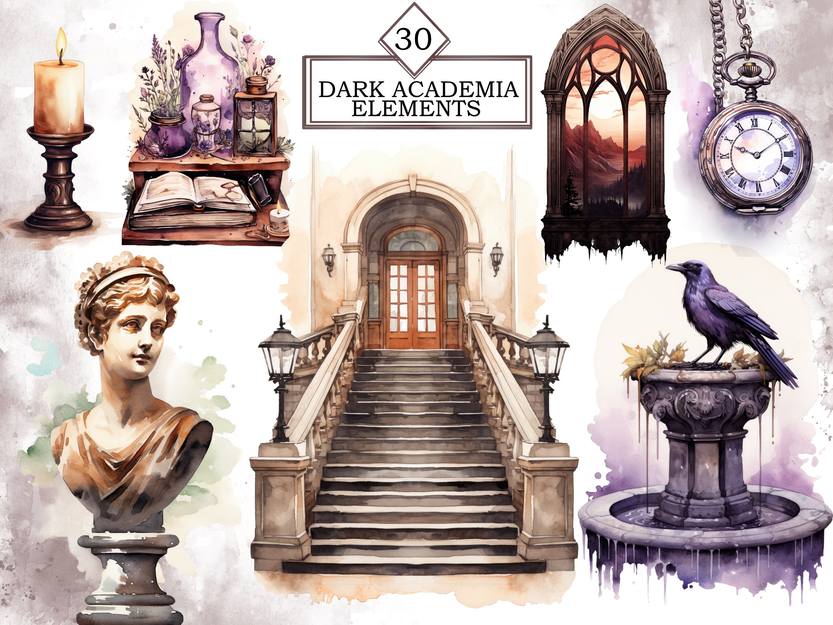 Dark Academia Clipart Bundle, Watercolor Dark Academia Aesthetic ...