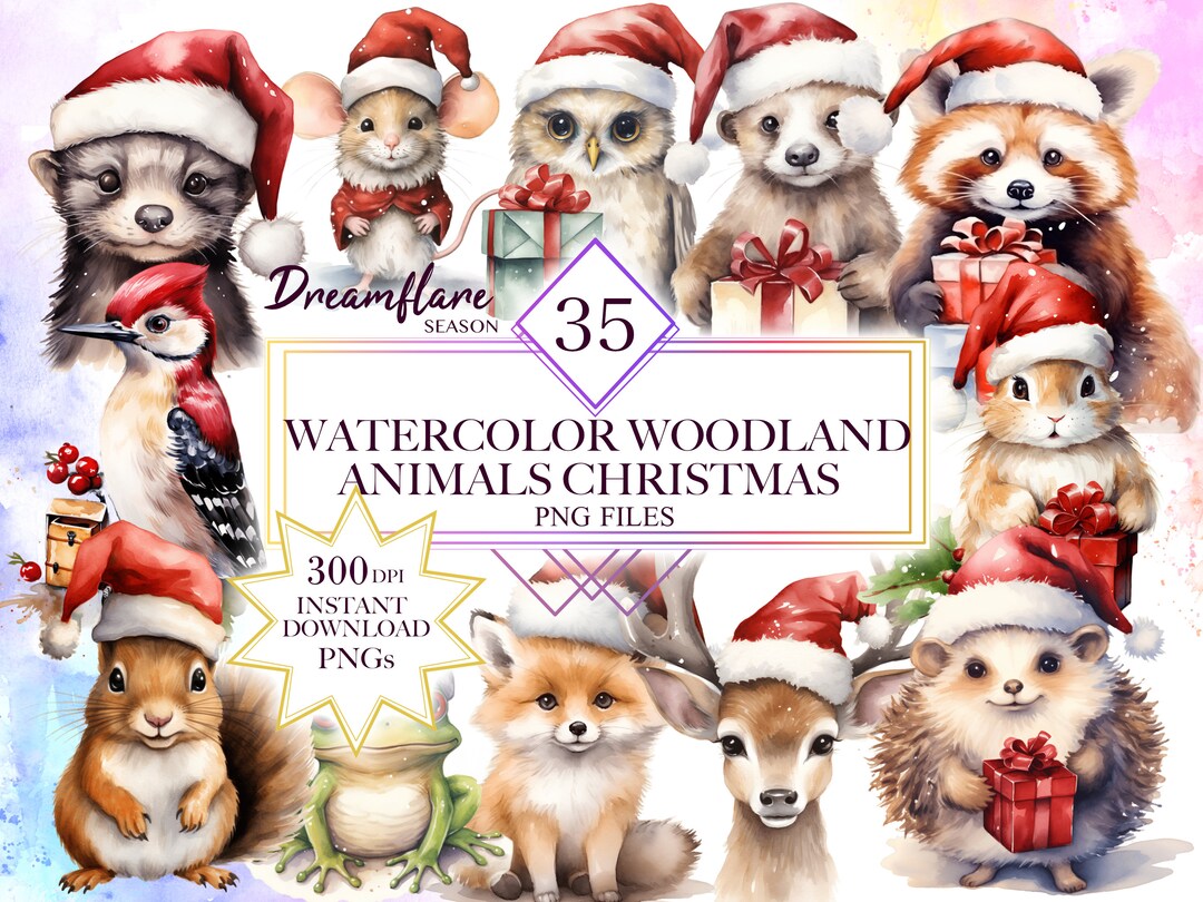 Watercolor Christmas Animals PNG, Watercolor Woodland Animals Clipart ...