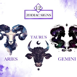 Watercolor Gothic Zodiac Signs Clipart Bundle, Horoscope Clipart ...