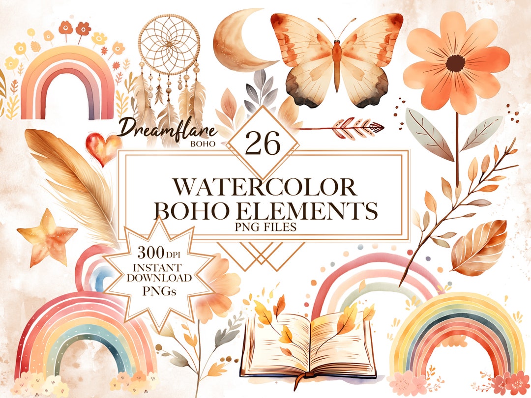 Watercolor Boho Elements Clipart Bundle, Watercolor Boho Doodle PNG ...