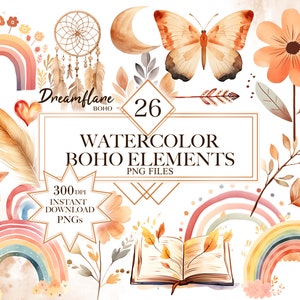 Watercolor Boho Elements Clipart Bundle, Watercolor Boho Doodle PNG ...