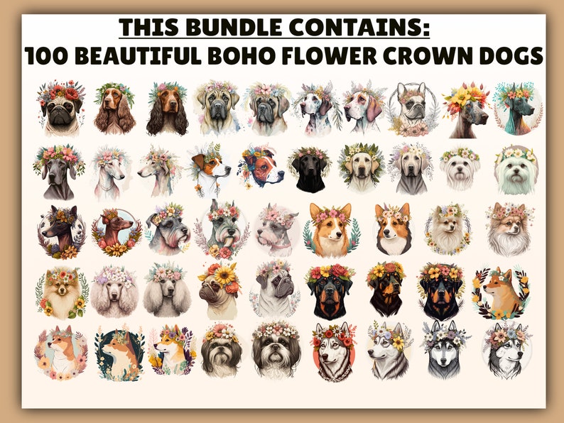 100 Flower Dog Portraits PNG & SVG Boho Flower Crown Dog - Etsy